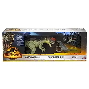 Jurassic World Dominion 3 Pack Figures & Dinosaurs, Owen Grady Motorcycle Yangchuanosaurus & Blue, Helmet & Tranquilizer, Ages 4 Years & Up, Multicolor (HLP79)