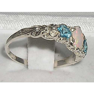 LetsBuyGold 925 Sterling Silver Natural Opal and Blue Topaz Womens Promise Ring - Size 6.5