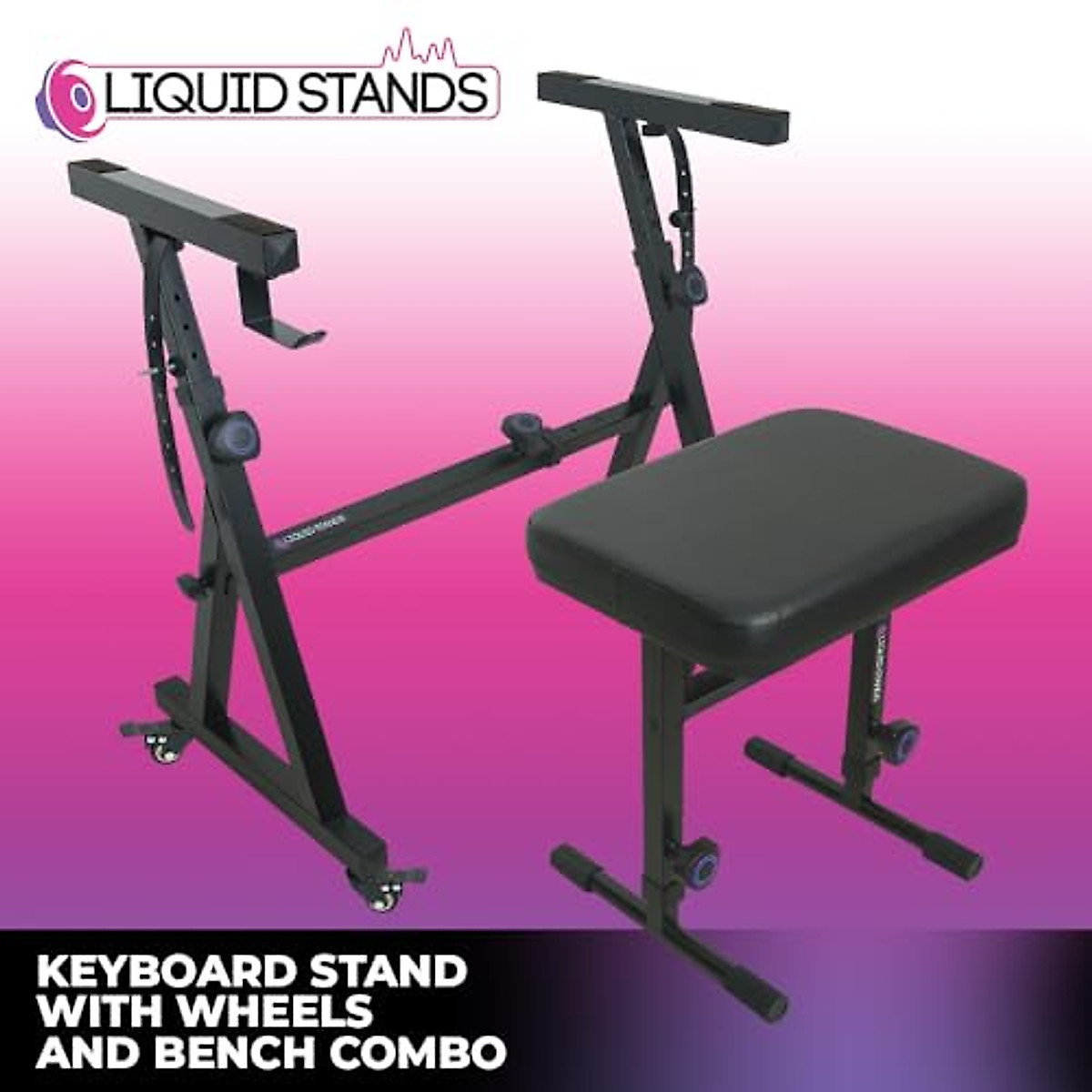 Liquid Stands Piano Keyboard Stand and Bench Set - Portable Heavy Duty Music Stand for 54-88 Key Electric Pianos and Adjustable Piano Bench, Stool - Sturdy Keyboard Music Stand w/ Wheels and Seat