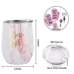 Qtencas Boss Lady Wine Tumbler Cupcake Wine Socks Set, Bosses Day Christmas Gifts for Women Boss Mom Female Friends Insulated Stainless Steel WineTumbler with Lid (12 oz, Pink Marble)