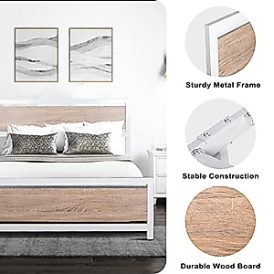 Bed Frame with Industrial Wooden Headboard and Footboard Strong Metal Support Frame Noise-Free No Box Spring Needed (White, Full)