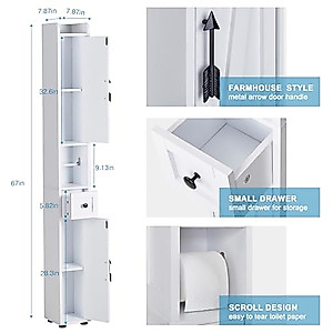 VECELO Bathroom Cabinet with Adjustable Shelf, Narrow Storage Cabinet for Small Space, Tall Cabinet with Metal Toilet Paper Rod,Drawer,2 Farmhouse Style Doors，Pearl White