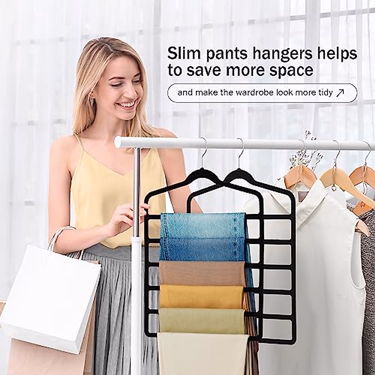 Velvet Hanger,Pants Clothes Hanger Space Saving Myfolrena Closet Organizers and Storage, Multi-Layer Hanger for Pants with 360 Degree Swivel Hook Hanger for Pants Jeans Leggings Slack Scarf(Black,3)