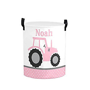 Personalized Laundry Basket Hamper,Farm Tractor Truck Pink Dots,Collapsible Storage Baskets with Handles for Kids Room,Clothes, Nursery Decor