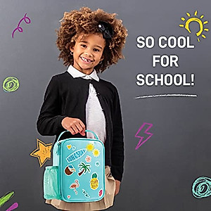 Fit + Fresh DIY Sticker Insulated Lunch Bag, Trendy Kids Lunch Box, Soft Lunch Cooler Bag, Perfect for School, Picnics, Trips & More, Teal