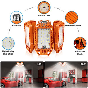 4 Pack LED Garage Light, Orange Led Garage Lights Halloween, 185W 18500LM LED Garage Ceiling Light, Super Bright Garage Lights Ceiling Led with 6+1 Deformable Panels, E26/E27 Bulb Socket Lighting