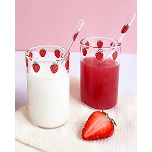 Kreapa strawberry cups 2 SetsCute glass strawberry cups 300ML straw glass cups, Cute strawberry pattern glass bottles for water milk tea, coffee juice tea cups （2pcs）