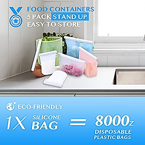Silicone Reusable Food Storage Bags | 5 Pack Storage Containers Leakproof | Lunch, Sandwich, Vegetables | Freezer, Oven, Microwave Safe