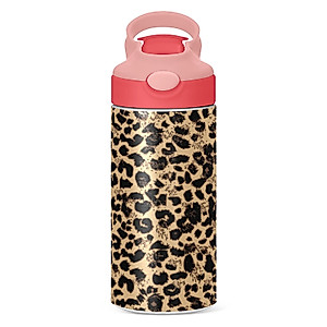 MCHIVER Leopard Print Kids Water Bottle with Straw Insulated Stainless Steel Kids Water Bottle Thermos for School Girls Boys Reusable Tumbler 12 oz / 350 ml Pink Top