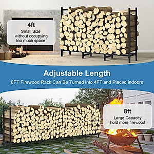 NANANARDOSO 8ft Outdoor Firewood Rack Holder for Fireplace Wood Storage, Adjustable Fire Log Stacker Stand, Heavy Duty Logs Stand Stacker Holder for Fireplace Metal Lumber Storage Carrier Organizer