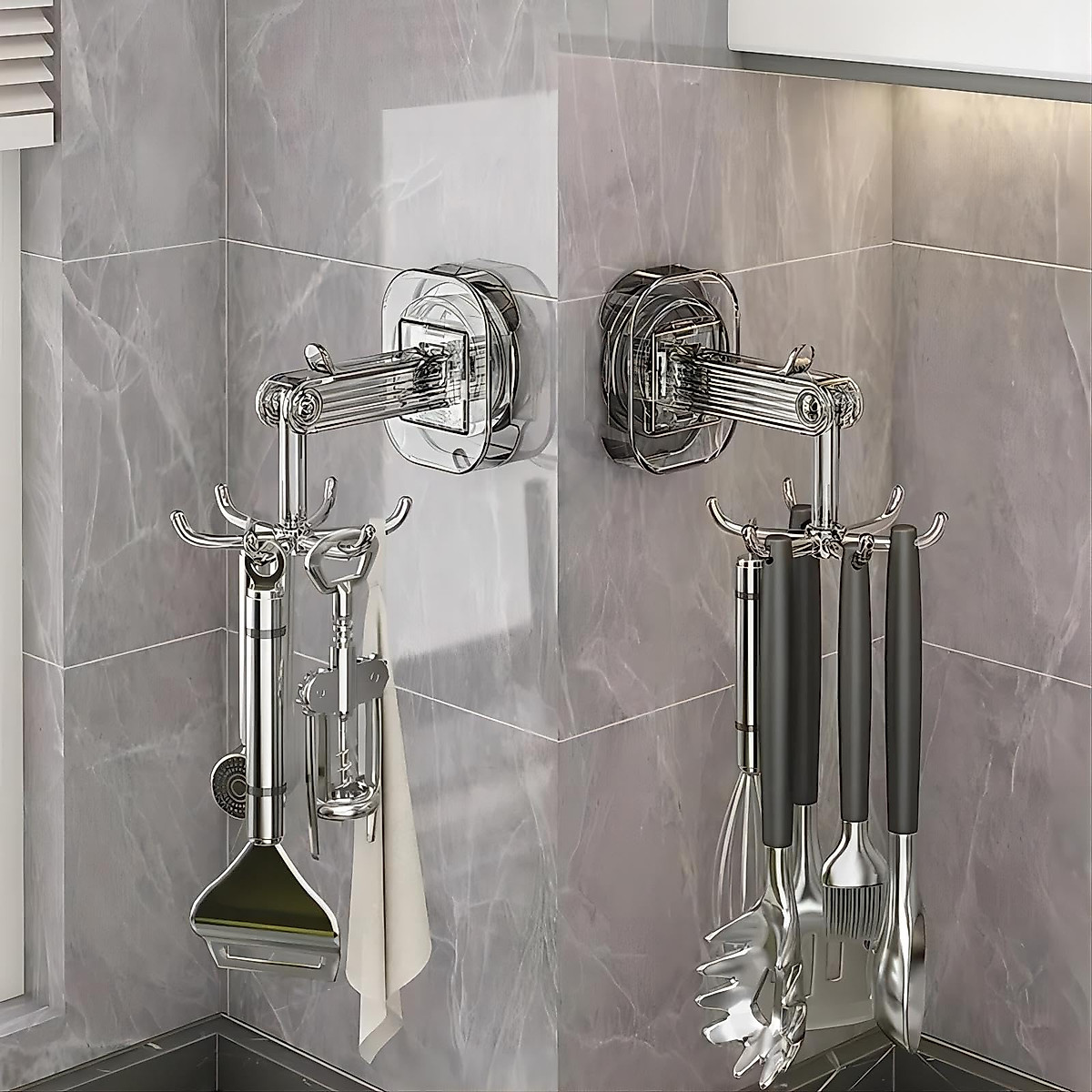 QruiLanTu Hanging Utensil Holder Hooks Kitchen Utensil Hanger Wall Mount 360° Rotating Folding Hook Strong suction cup hook Utensil Rack with 6 Hooks for Kitchen Bathroom Cabinet (Transparent Grey)