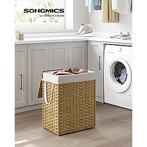 SONGMICS Laundry Hamper with Lid, 23.8 Gallon (90 L) Synthetic Rattan Clothes Laundry Basket with Lid and Handles, Foldable, Removable Liner, Goose Yellow ULCB51NL