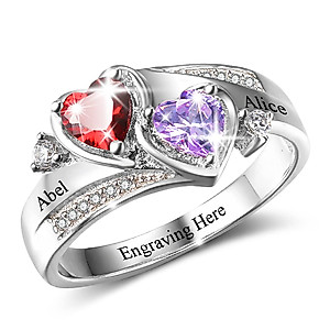 LanM Mothers Day Gifts Mothers Ring with 2 Birthstones Sterling Silver Personalized Mom Ring Custom 2 Name Promise Rings for Women Mothers Day Ring Jewelry for Mom Grandmother