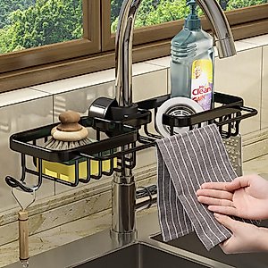 WINGSIGHT Faucet Sponge Holder Kitchen Sink Caddy Organizer Over Faucet Hanging Faucet Drain Rack for Sink Organizer (Double with Dishcloth Rack, Black)