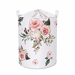 Clastyle 45L Pink Large Flowers Collapsible Laundry Basket with Drawstring Spring Summer Blooming Plant Pattern Laundry Hamper Bedroom Bathroom Waterproof Storage Basket with Handle, 14 * 17.7 in