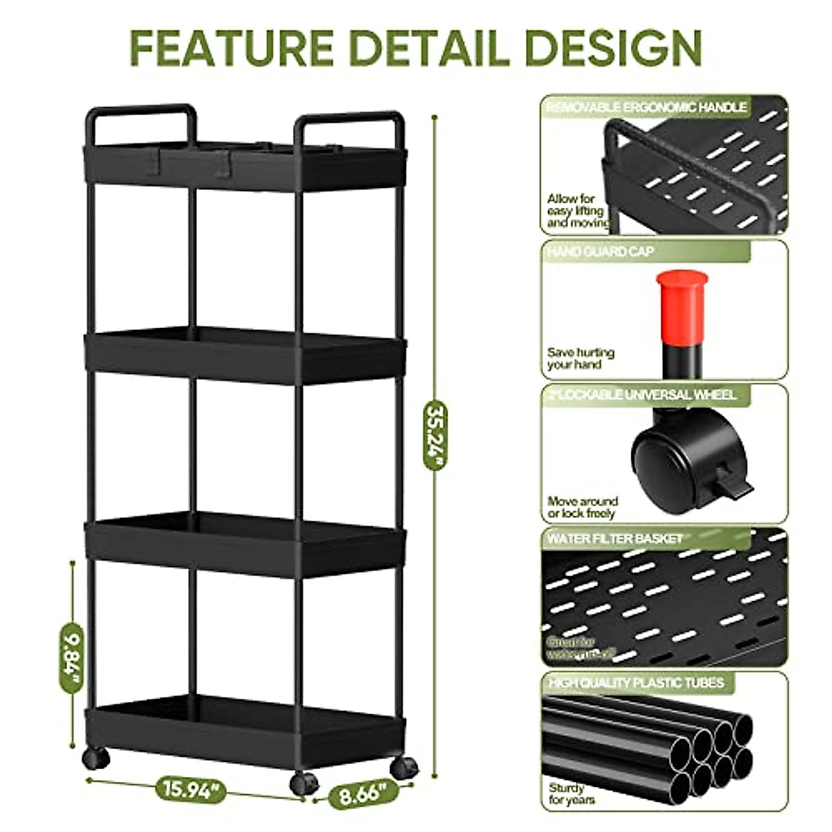 Mosxoed Slim Storage Cart Rolling Utility Cart with Wheels 4 Tier Mobile Bathroom Organizer Cart for Laundry Room Kitchen Office Narrow Space with Handle Hanging Cups Dividers, Black, 35" H