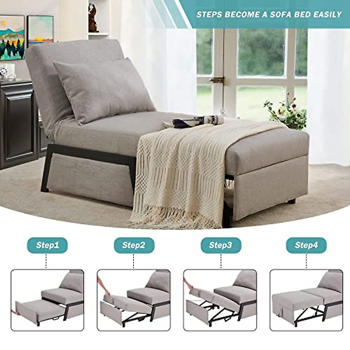 YODOLLA 4 in 1 Convertible Chair Bed, Pullout Small Sofa Bed Sleeper Sofa for Adult, Pop up Single Folding Bed, Chair, Chaise Lounge, Ottoman, Grey