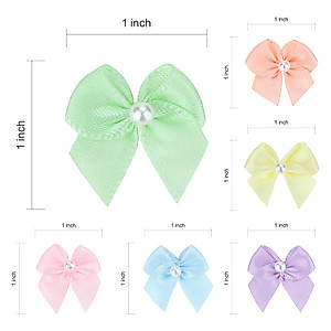 Meseey 60pcs Mini Pastel Rainbow Satin Ribbon Bows with Pearl 1 Inch Colored Craft Bows Flowers Appliques DIY Craft for Sewing, Scrapbooking, Wedding, Gift,Christmas Decoration (Pastel)