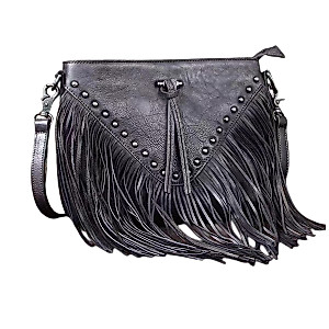 IAMUHI Casual Rivets Fringed Shoulder Handbag for Women/Girls,Soft Vegan Leather Hippie Crossbody Purse Bag Black