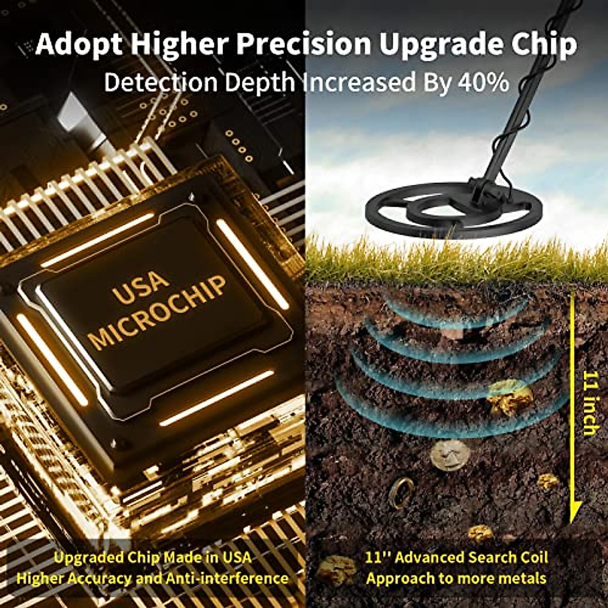 Upgraded Metal Detector for Adults: SAKOBS 11'' Professional Pinpoint Metal Detector IP68 Waterproof with 5 Modes, 7 Type Target Metals, 8 Levels Sensitivity,11" Detection Depth Gold Detector