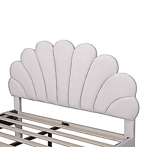 ATY Upholstered Queen Size Platform Bed, Velvet Fabric Bedframe with Flower Pattern Headboard & 12 Wood Slat Support, Elegant Style for Bedroom, Guestroom, No Box Spring Needed, Beige