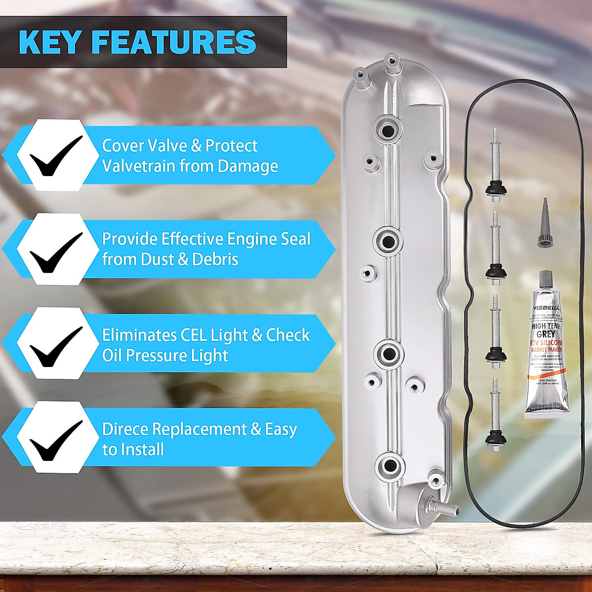 Driver Side Valve Cover with Gaskets - Compatible with 2011-2019 4.8L 5.3L 6.0L 6.2L Chevy Silverado, Suburban, Tahoe, Trailblazer, GMC Sierra, Yukon, Cadillac Escalade - Replace 12642655 264-969