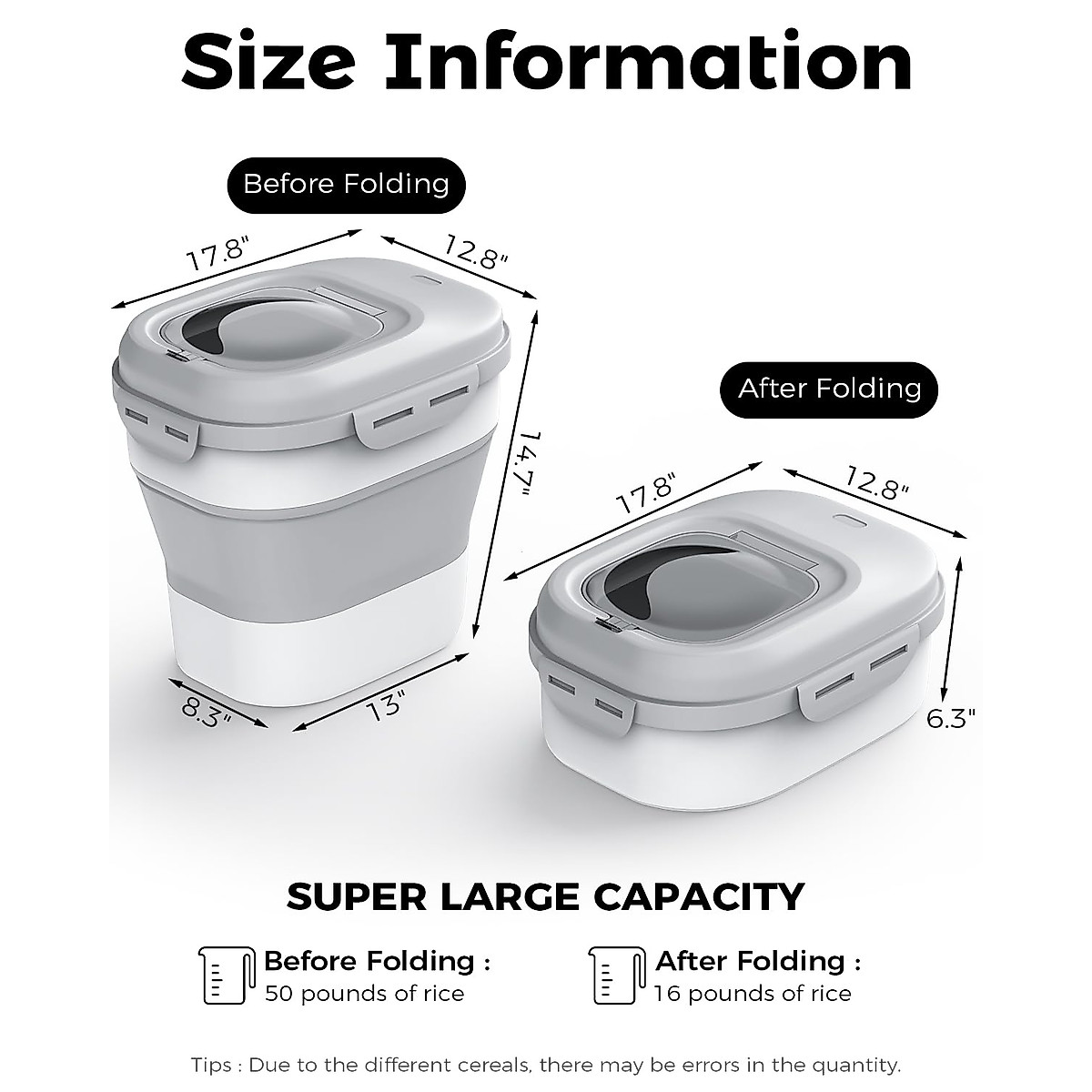 Rice Storage Containers, Collapsible 20-50Lbs Food Storage Bin with Rolling Wheel Airtight Lid,Flour Storage Container with Small Food Container & Scoop for Flour, Sugar, Cereal and Dog Cat Pet food