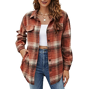 Blooming Jelly Flannel Shirts for Women Long Sleeve Plaid Shirt Shacket Jackets Fall Clothes 2023 (Small, Orange)