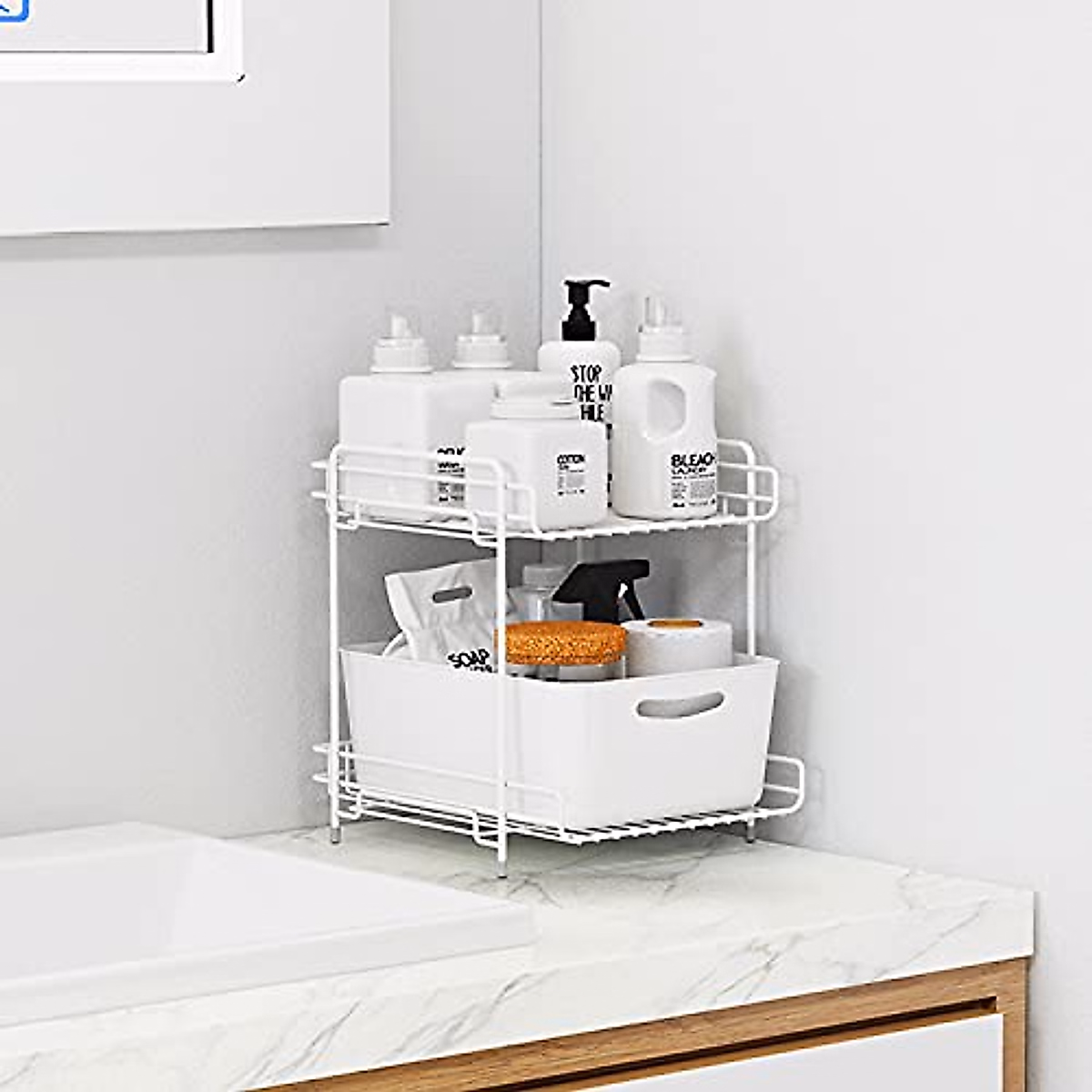 Lainrrew 2 Tier Cabinet Organizer, Stackable Under Sink Mesh Basket Organizer Under the Sink Storage Organizer for Home, Kitchen, Bathroom, Countertop (White)