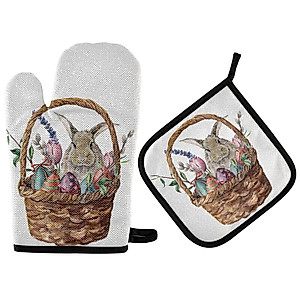 Watercolor Easter Bunny Oven Mitts Pot Holder Sets Rabbits Spring Non-Slip Kitchen Heat Resistant Hot Pads for Women Cooking Gloves Baking BakeWear BBQ Gifts