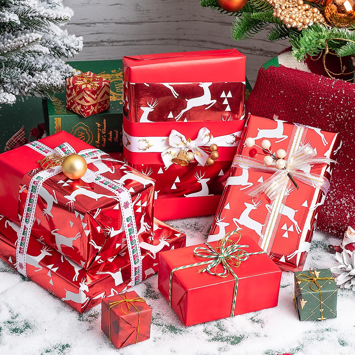 WRAPAHOLIC Reversible Christmas Wrapping Paper - Mini Roll - 17 Inch X 33 Feet - Red Reindeer and Solid Red Design with Metallic Foil Shine for Chrsitmas, Holiday, Party Celebration