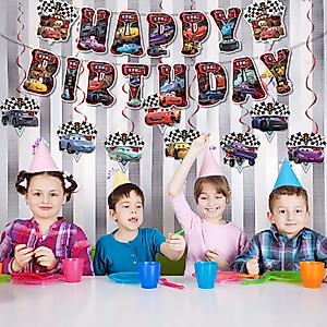 Cars Birthday Decorations Include Swirls Of Hanging Cartoon Cars And Happy Birthday Baby Banners, As Well As Party Favors For Children.