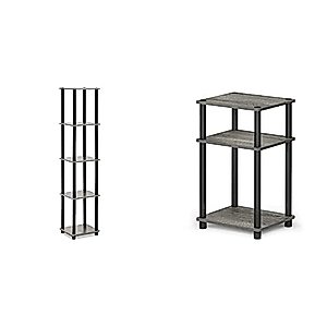Furinno Turn-N-Tube 5-Tier Corner Square Rack Display Shelf, Round, French Oak Grey/Black & Just 3-Tier End Table, 1-Pack, French Oak Grey/Black