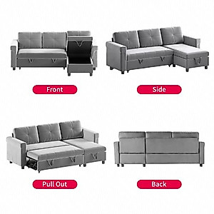 MUZZ Reversible Pull Out Sofa Couch, Sectional Sofa with Storage Chaise 3-Seat L-Shaped Sleeper Sofa, Ideal for Living Room, Apartment and Office etc. (Light Grey)