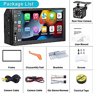 7" Double Din Car Stereo for Apple Carplay and Android Auto, HD Touchscreen,12 LED Backup Camera,Mirror Link,USB/AUX,FM Car Radio,Noise Cancelling Bluetooth
