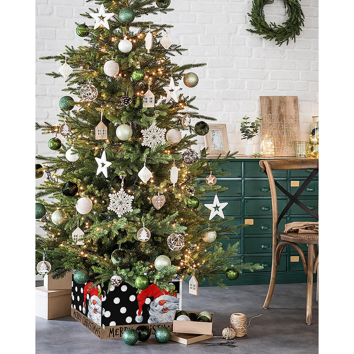 Christmas Boho Christmas Tree Collars for Artificial Trees, Christmas Tree Ring Xmas Tree Base Stand Cover Tree Skirts for Xmas Tree Decorations Holiday Party Red Gnomes Black White Dots 17'' x 10''