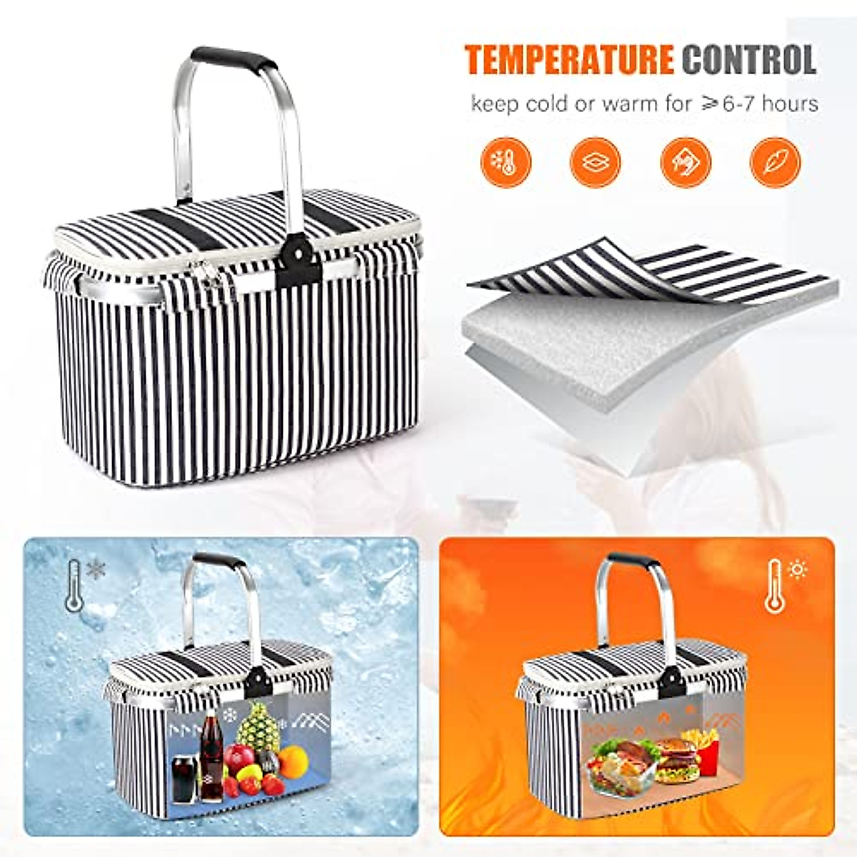 HappyPicnic Cooler Tote Bag 26L, Collapsible Picnic Basket Cooler with Aluminium Handle for Food, Shopping Grocery, Work or Outdoor Hiking Men Woman