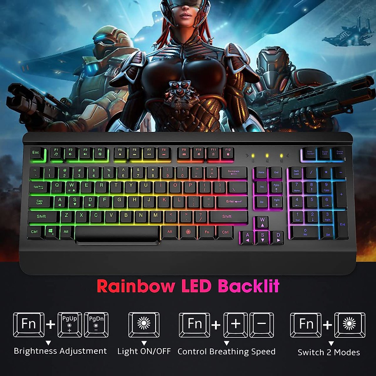 Cudote Gaming Keyboard, USB Wired Keyboard Rainbow Backlit, LED Light Up with Ergonomic Wrist Rest, Multimedia Shortcut Keys, 19 Keys Anti-ghosting, PC for Laptop Desktop Computer, Black