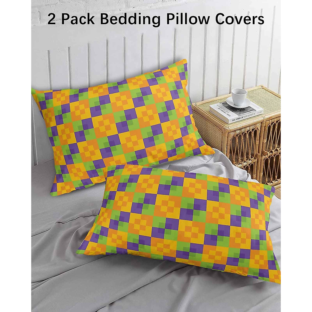 Edwiinsa Halloween Pillow Covers Standard Size Set of 2 Bed Pillow, Yellow Green Purple Plaid Checkered Geometric Plush Soft Comfort for Hair/Skin Cooling Pillowcases with Envelop Closure 20''x26''