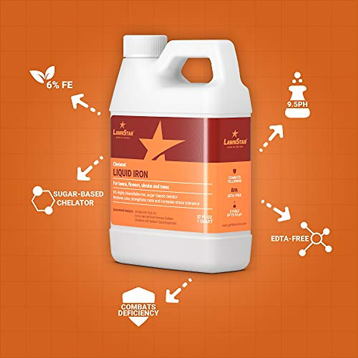 LawnStar Chelated Liquid Iron (32 OZ) for Plants - Multi-Purpose, Suitable for Lawn, Flowers, Shrubs, Trees - Treats Iron Deficiency, Root Damage & Color Distortion – EDTA-Free, American Made