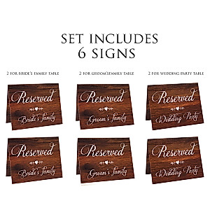 Reserved Wedding Table Signs | Set of 6 Rustic Wood Look Reserved Signs Including Reserved for Bride's Family Groom's Family and Wedding Party | Freestanding Double Sided