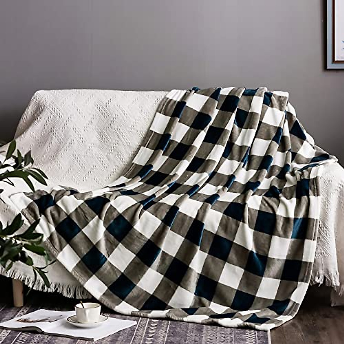 NEWCOSPLAY Buffalo Plaid Throw Blanket Soft Flannel Fleece Checker Pattern Lightweight Decorative Blanket for Bed Couch (280GSM-White-Navy Blue, Throw(50"x60"))
