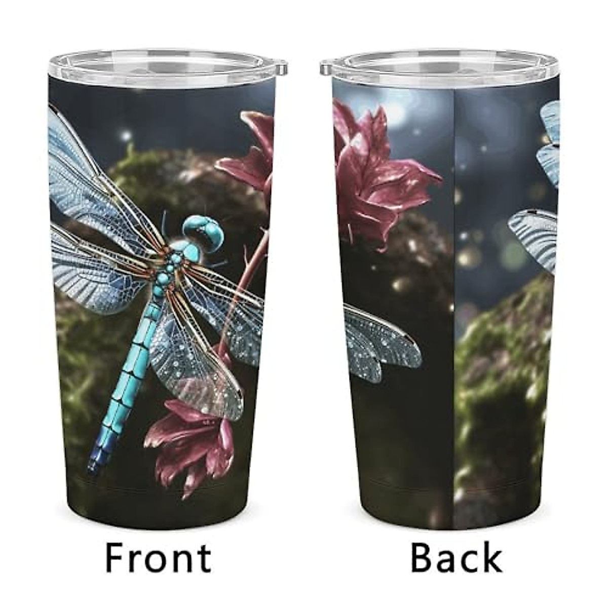 FHENMSA Stainless Steel Insulated Travel Coffee Mug,Blue Dragonfly Print Reusable Car Cup,Thermal Cup for Outdoor with Straw And Lid