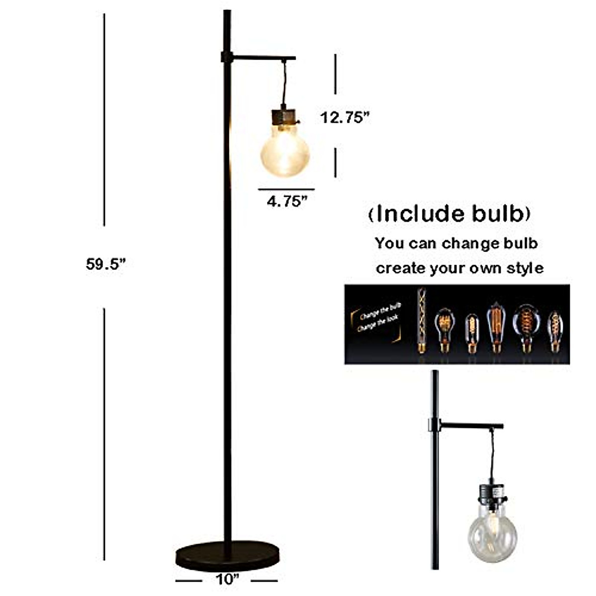 SKY FORTUNE Industrial Floor Lamp with Bulb,Metal Standing Lamp, E26 Socket, On/Off Footswitch, Modern Minimalist Floor Lamp for Bedroom, Living Room,Office,Black