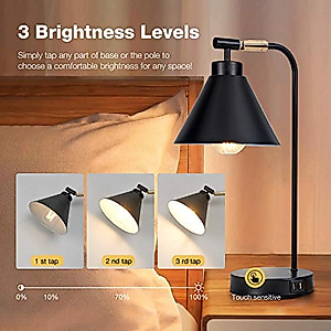 Industrial Black Bedroom Table Lamp, Dimmable Touch Control Bedside Lamp with 2 USB Charging Ports and AC Outlet, Nightstand Reading Lamp with Metal Flexible Head for Living Room Office, Bulb Included