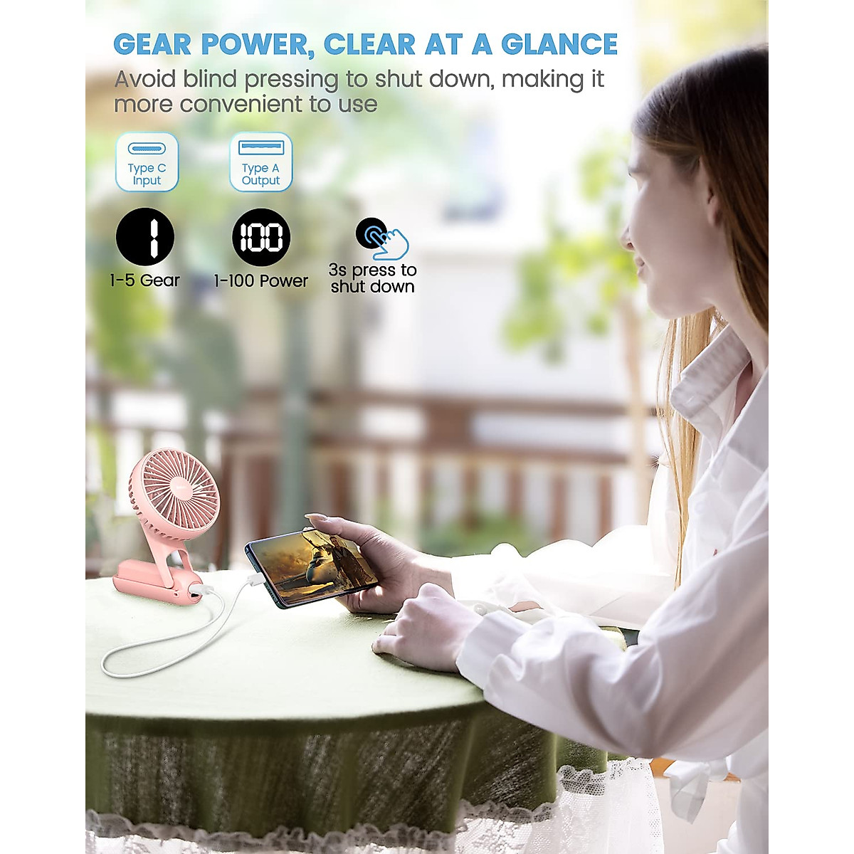 EasyAcc Portable Hand Held Fan, Ultra Quiet 5 Speed Personal Fan, LED Dispay USB C Rechargeable Handheld Fan, 180° Foldable Small Desk Fan, Electric Cooling Fan&PowerBank for Office Home Travel