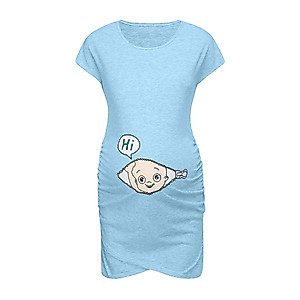Lethez Women Maternity Bodycon Dress Sleeveless Pregnancy T-Shirt Dress Cartoon Letter Print Mini Dress (XL, Sky Blue)