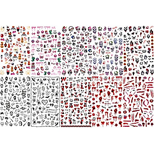 10 Sheets Halloween Nail Art Stickers Decals Self-Adhesive Pegatinas Uñas Cute Horror Scream Skull Darkness Red Harley Quinn Joker Nail Supplies Nail Art Design Decoration Accessories