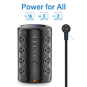 Power Strip Tower with 16 Outlets and 5 USB Ports (2 USB-C), TenTrend 1875W 1500J Surge Protector with 6 FT Extention Cord, Multi Outlet Tower for Home Office Desk, Dorm Room Essentials Black