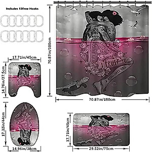 4PCS African American Shower Curtain with Non-Slip Rugs,Bath Mat and Toilet Lid Cover,Waterproof Polyester Fabric Black Shower Curtain Sets with 12 Hooks,Cool Typeface Pattern Bath Curtains for Man